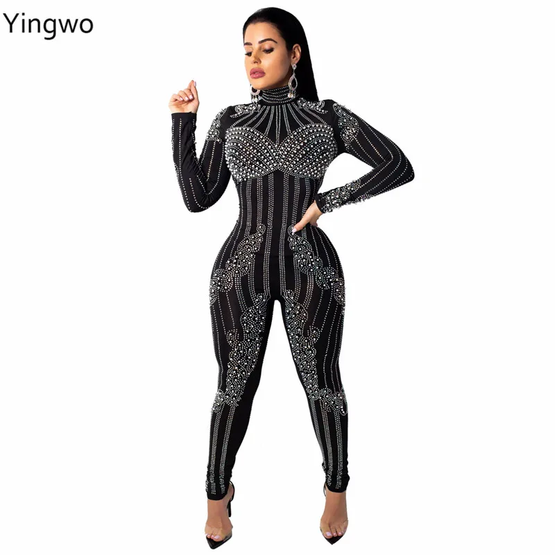 Beading Rhinestones Details Black Mesh See Through High Neck Long