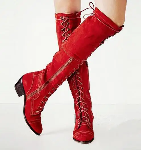 Chunky Heels Over The Knee Thigh High Boots Red Suede Leather Lace up ...