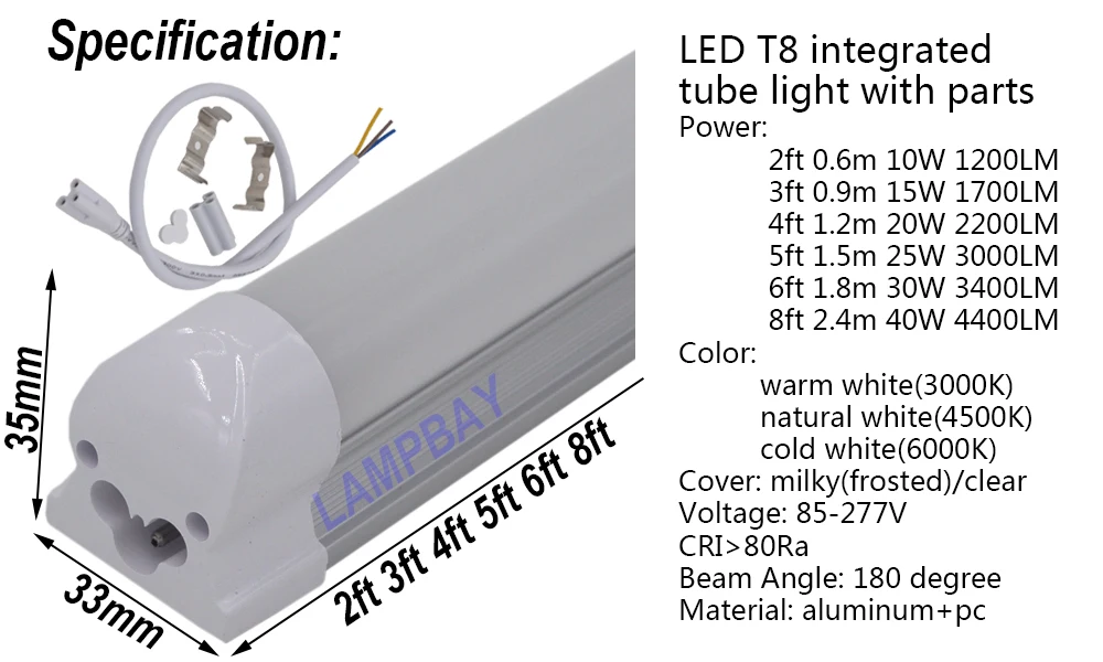 LED Tube Light 2ft 3ft 4ft 5ft 6ft 8ft T8 Integrated Bulb Fixture ...