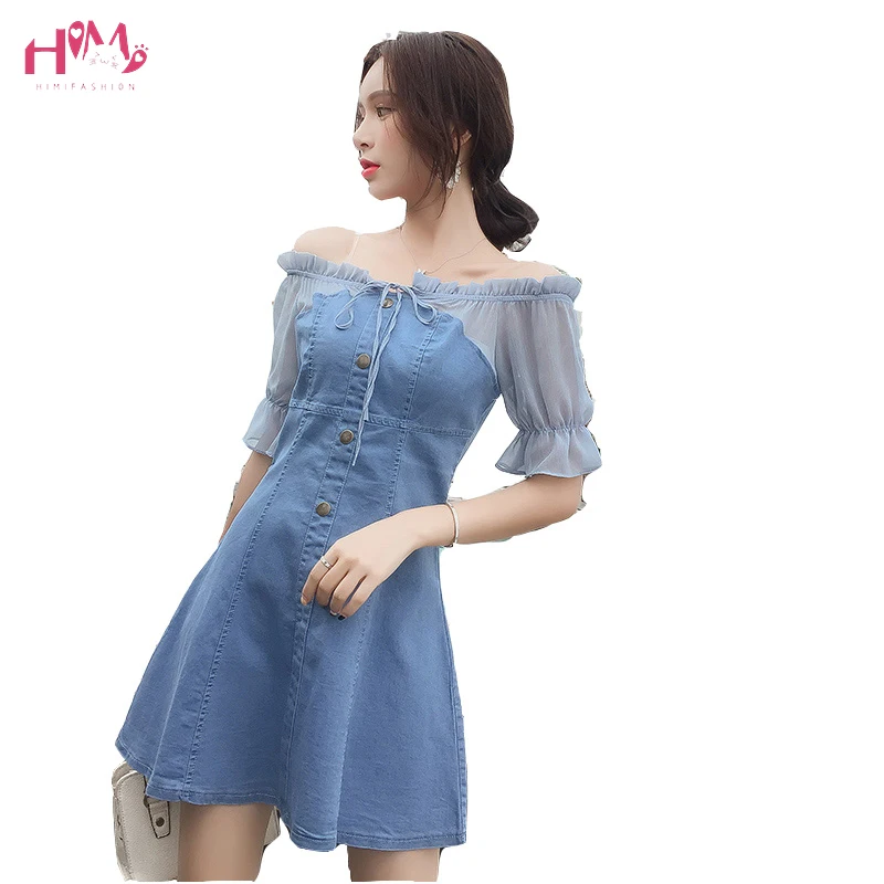 Korean Fashion Sexy Women Mini Dress Slash Neck Chiffon Hollow Out