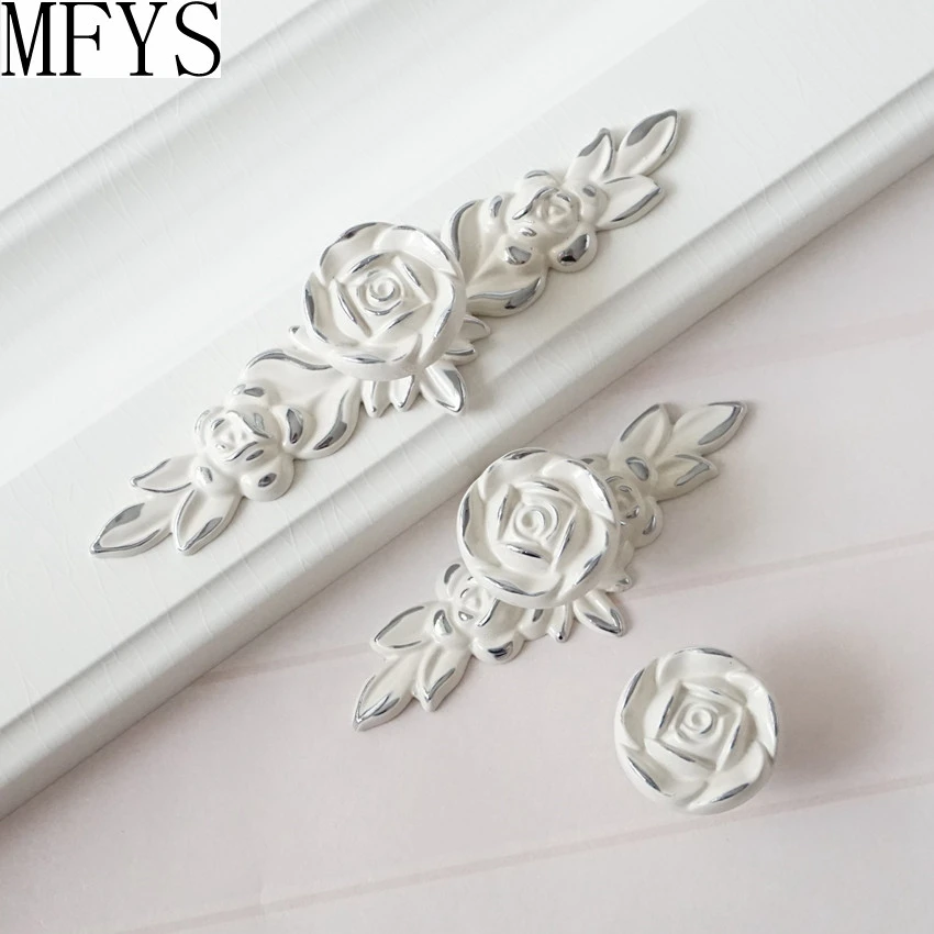 Mfys Shabby Chic Dresser Drawer Knobs Pulls Handles Creamy White Silver Rose / Flower Kitchen ...