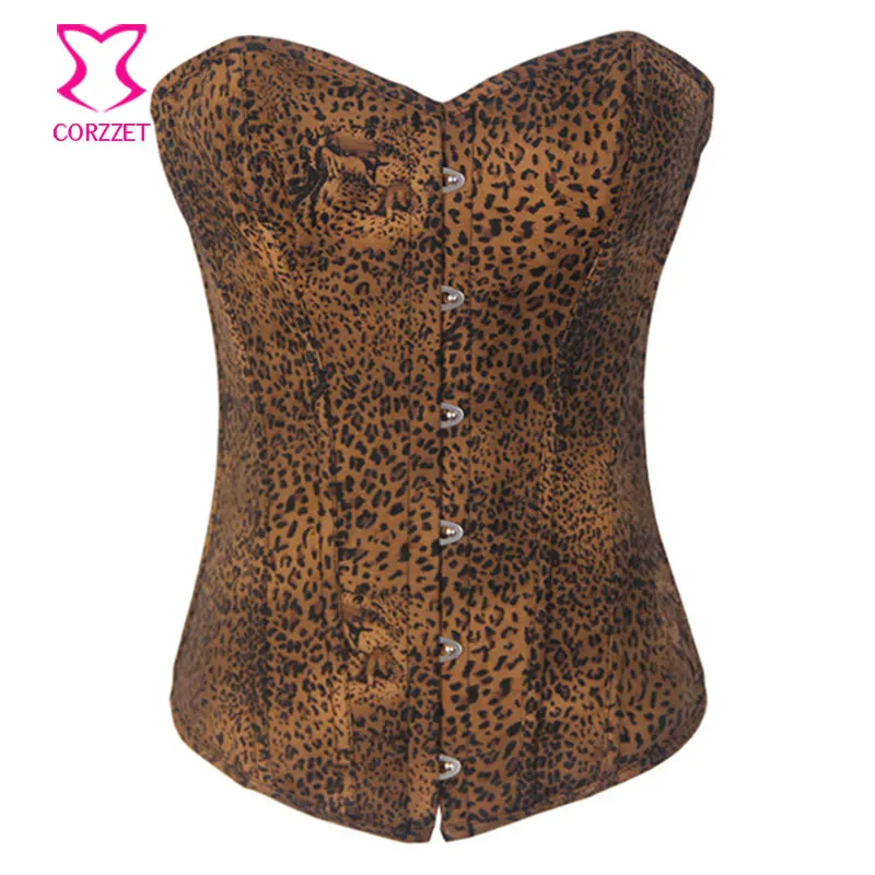 Brown Overbust Denim Corset Leopard Print Cowgirl Gothic Corset Bustier