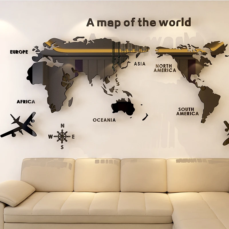 Solid Acrylic Wall Sticker World Map Decals For Living Room 3d Wall ...