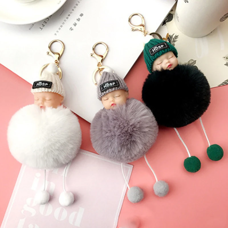Cute Sleeping Baby Keychain Fluffy Rabbit Ball Fur Pompom Doll Keychain ...