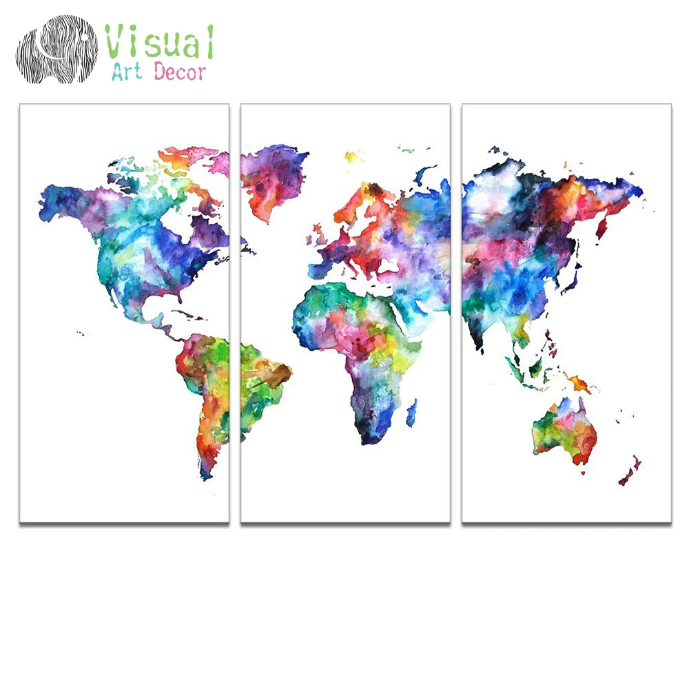 World Map Canvas Art Water color Map Poster Printed on Canvas 3 Panel ...