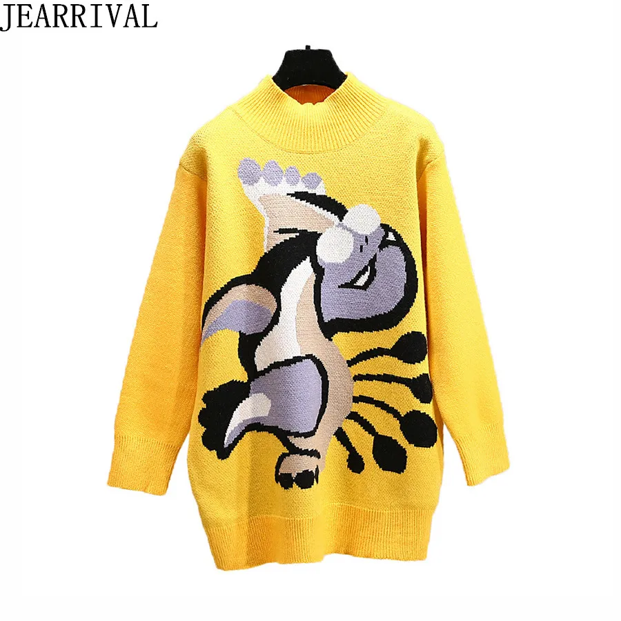 Cartoon Print Yellow Oversized Sweater 2018 Autumn Winter Women Long ...