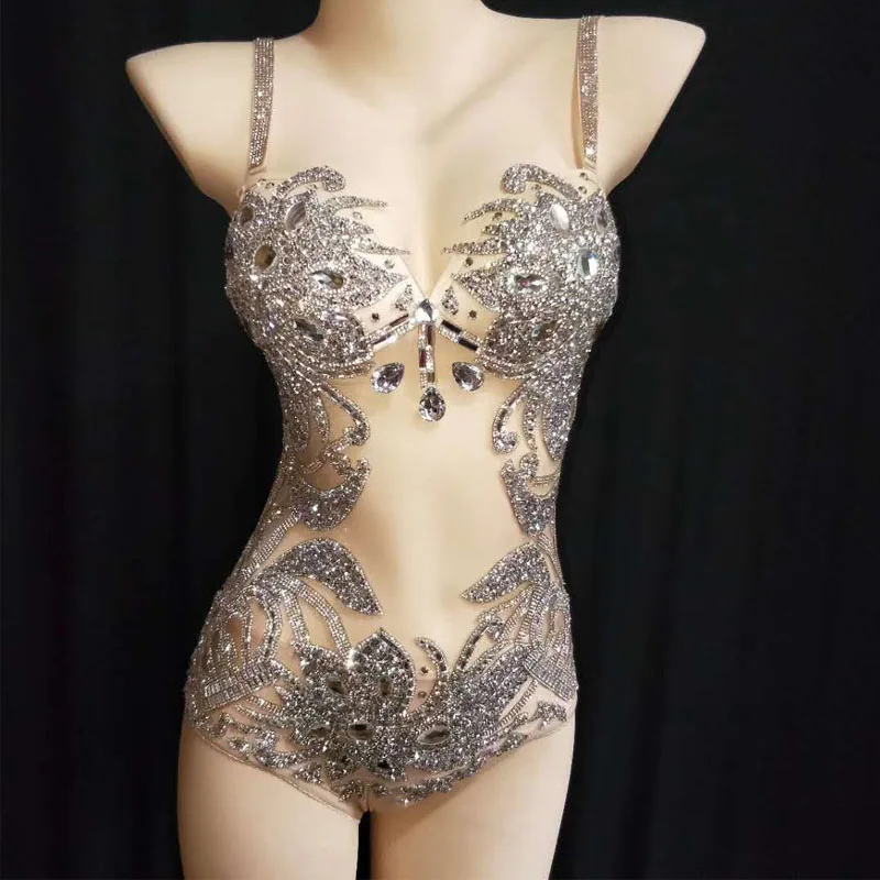 Glisten Rhinestones Silver Bodysuit Sleeveless Big Stretch Womens