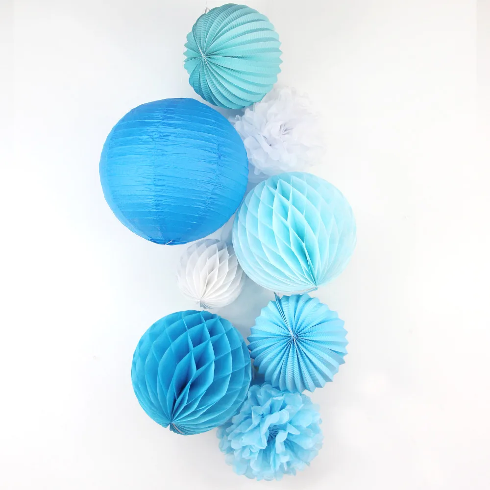 (Blue,White) 8pcs Paper Decoration Set Paper Crafts for Wedding ...