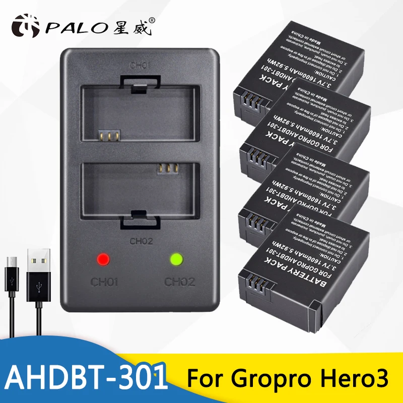 Palo Battery 4pcs 1600mah Ahdbt-301 Gopro Hero3 Rechargeable Digital ...