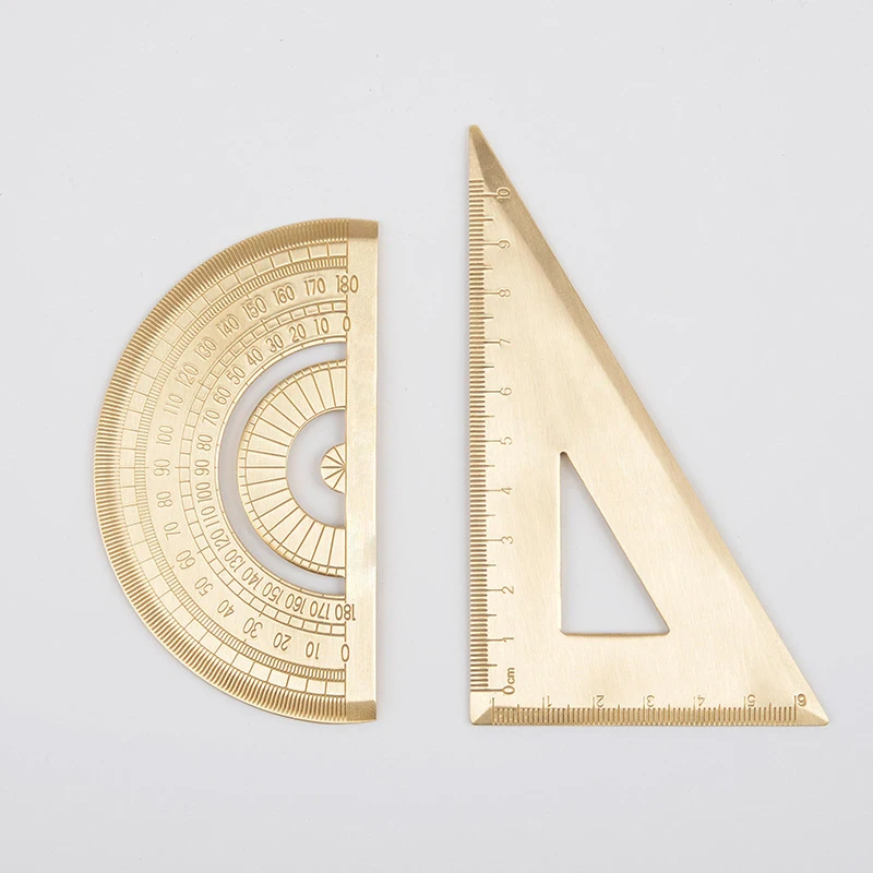 Retro Durable Brass Triangle Ruler Golden Semicircle Protractor Metric ...