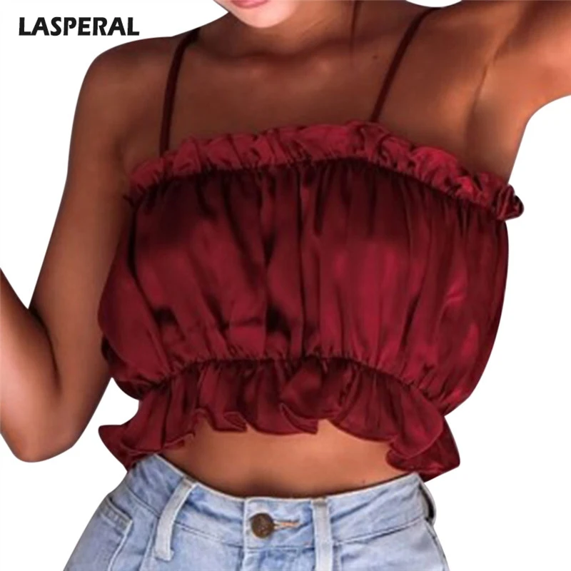 Lasperal Sexy Camisole Tank Casual Satin Strap Crop Top Women Ruffles