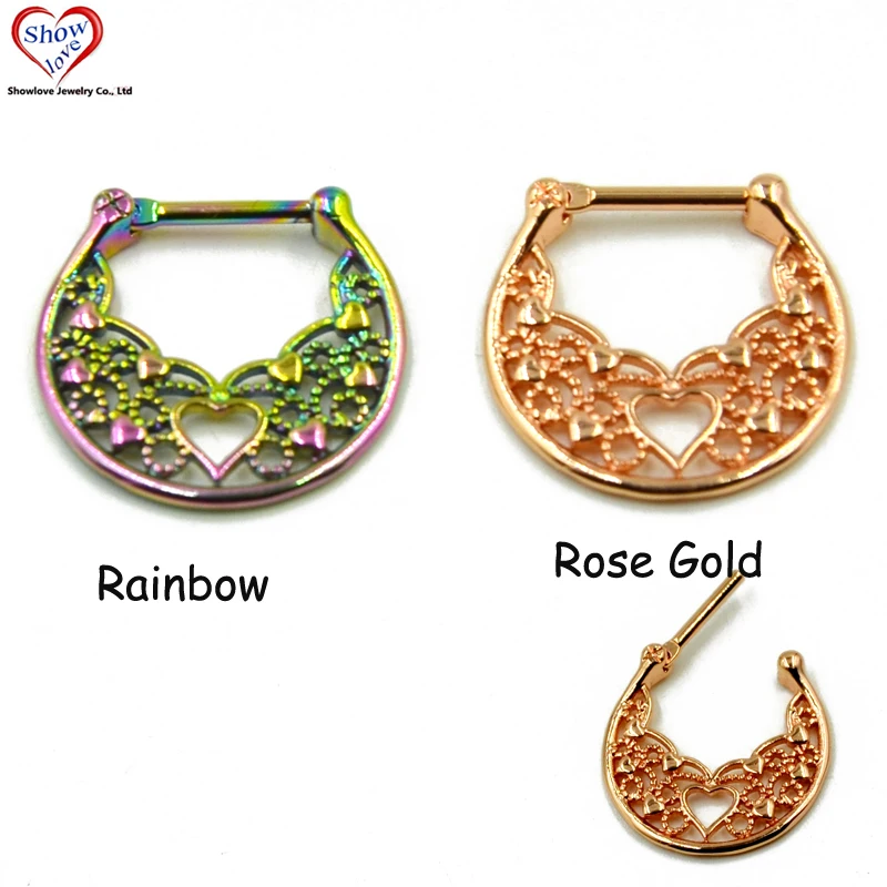 Showlove Rainbow&rose Gold Titanium Anodized Septum Clicker Piercing ...