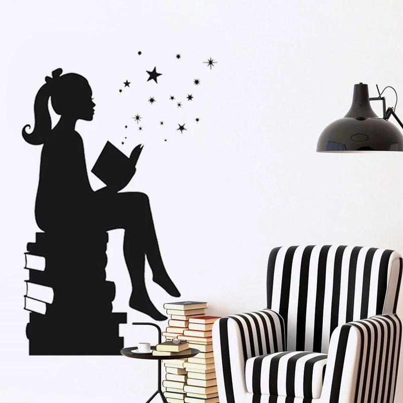 LARGE Size Girl Reading Books Magic Wall Decal Vinyl Art Stickers for ...