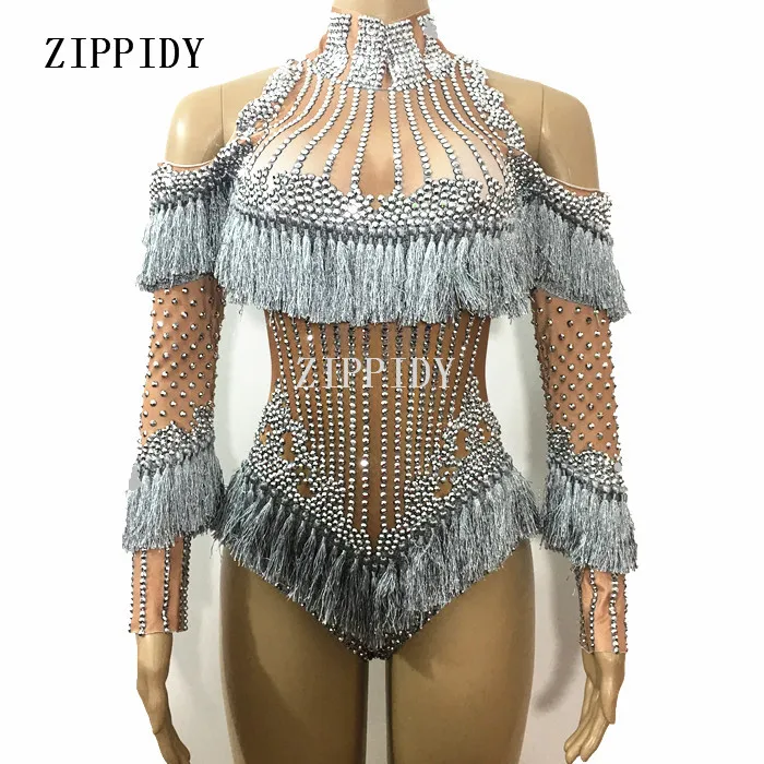 Luxury Sparkly Crystals Tassel Bodysuit Costume Celebrate Rhinestones