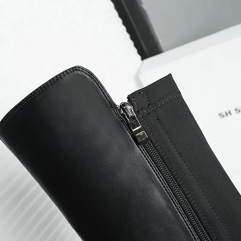 Модные сапоги до колена женские кожаные сапоги на низком квадратном каблуке на молнии удобные