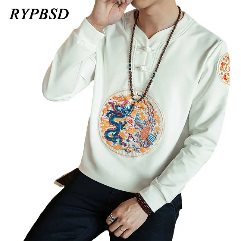 Harajuku Retro Embroidery Dragon Robe Hoodie Sweatshirt Men 2018