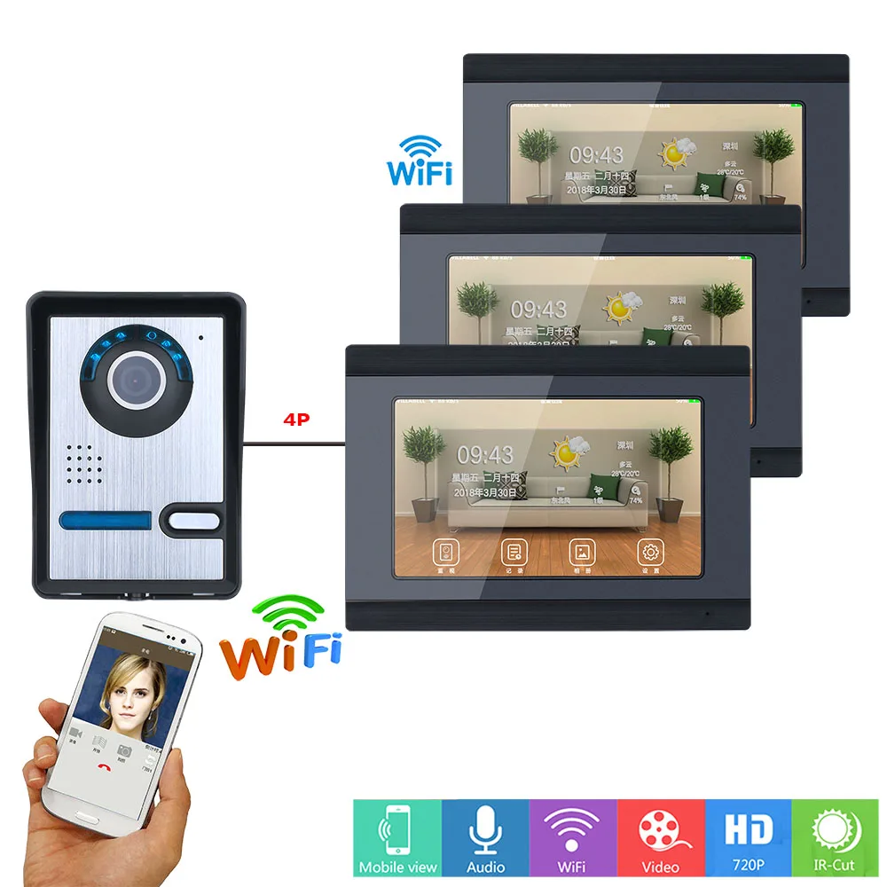 3 Monitors Wifi Wireless Video Doorbell Intercom Entry System 7" TFT ...
