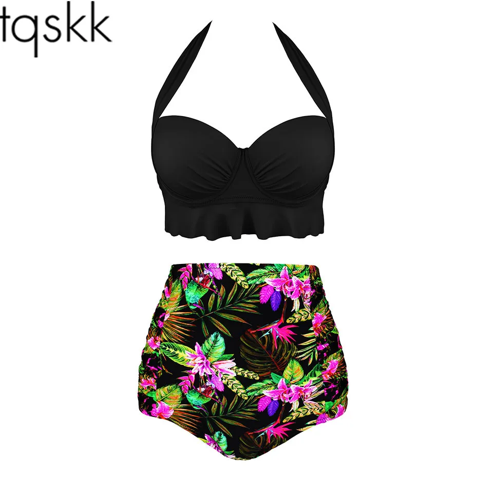 Tqskk 2019 New Bikinis Women Swimsuit High Waist Bathing Suit Plus Size
