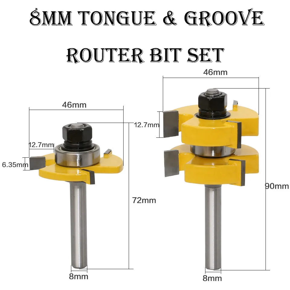 2PCS Tongue & Groove Router Bit Set Woodworking 8mm Trimming Flooring ...
