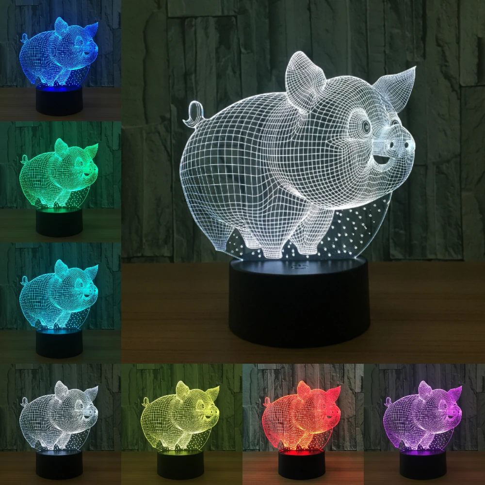 Lovely Pig Night Light 3D Lamp Bulbing Touch Switch Colorful Desk 7/16 ...