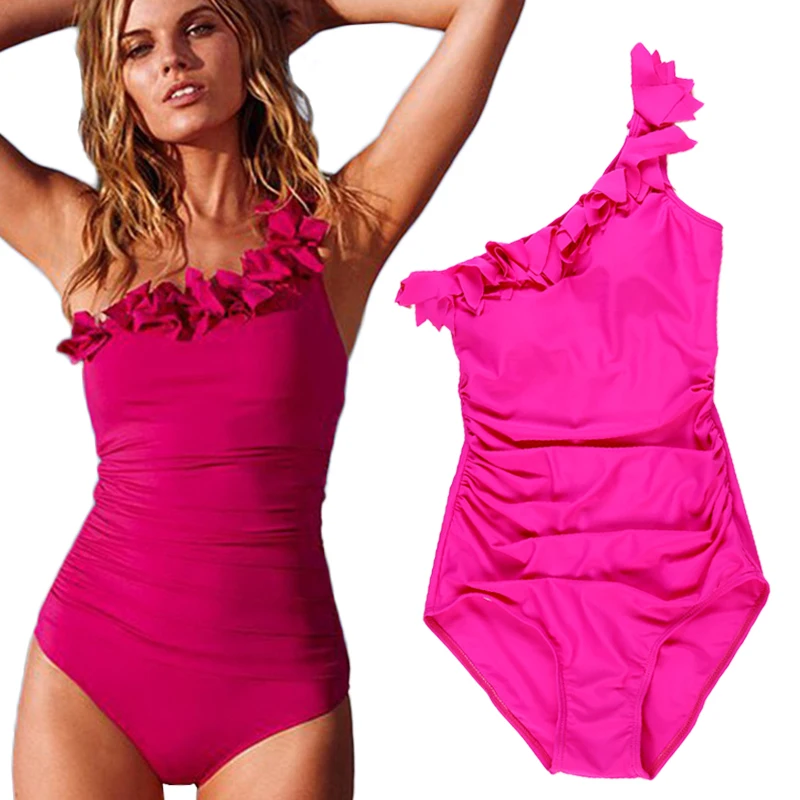 Sexy Women Bikini One Shoulder Flower Lace One Piece Swimsuits Beach