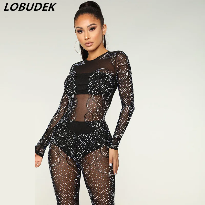 Flashing Crystals Black Mesh Perspecitve Jumpsuit Women Sexy See