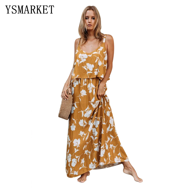 Summer Vacation Boho Floral Print Loose Dress Women Sexy Sleeveless ...