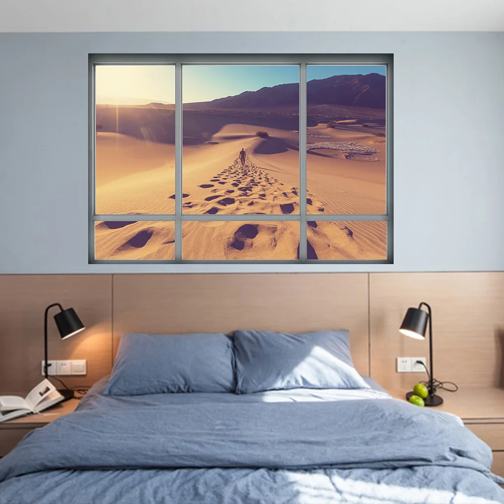 New 3D Simulation Fake Windows Wall Stickers For Bedroom Desert ...