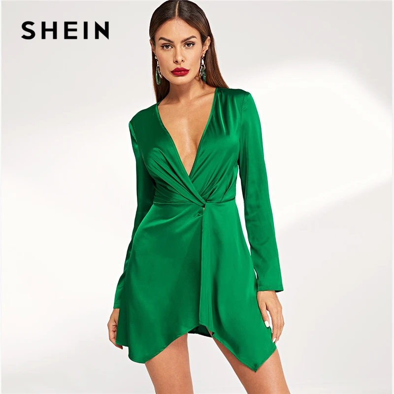Buy Shein Green Plunging Neck Twist Front Dress Deep V