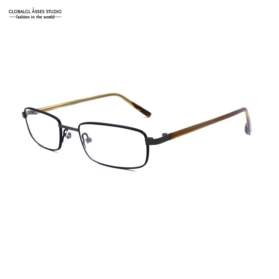 Small Shape Rectangle Lens Slim Metal Frame Brown Acetate Temple ...