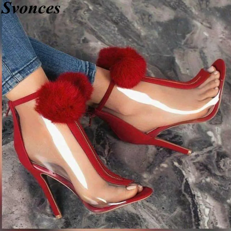 Svonces 2019 Celebrity Pvc Plastic Shoes Woman Red Pompom Peep Toe ...