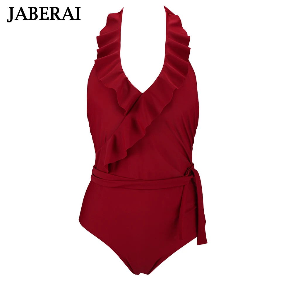 Jaberai Retro Ruffle One Piece Swimsuit Women Halter Falbala Swimwear