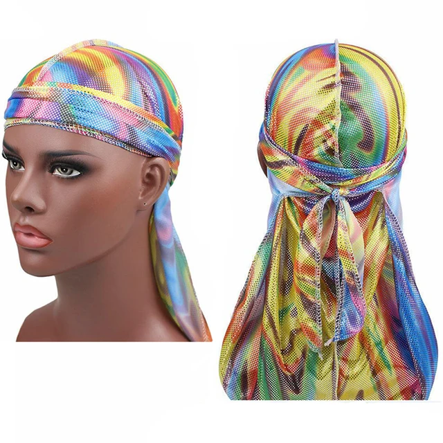 Mens Colorful Sparkly Silky Durags Turban Hat Bandanas Silk Men Durag