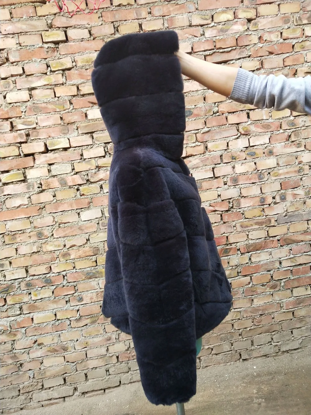 Short Light Grey Diagonal Stripes Rex-Fur Hooded Coat Jacket Black Real ...