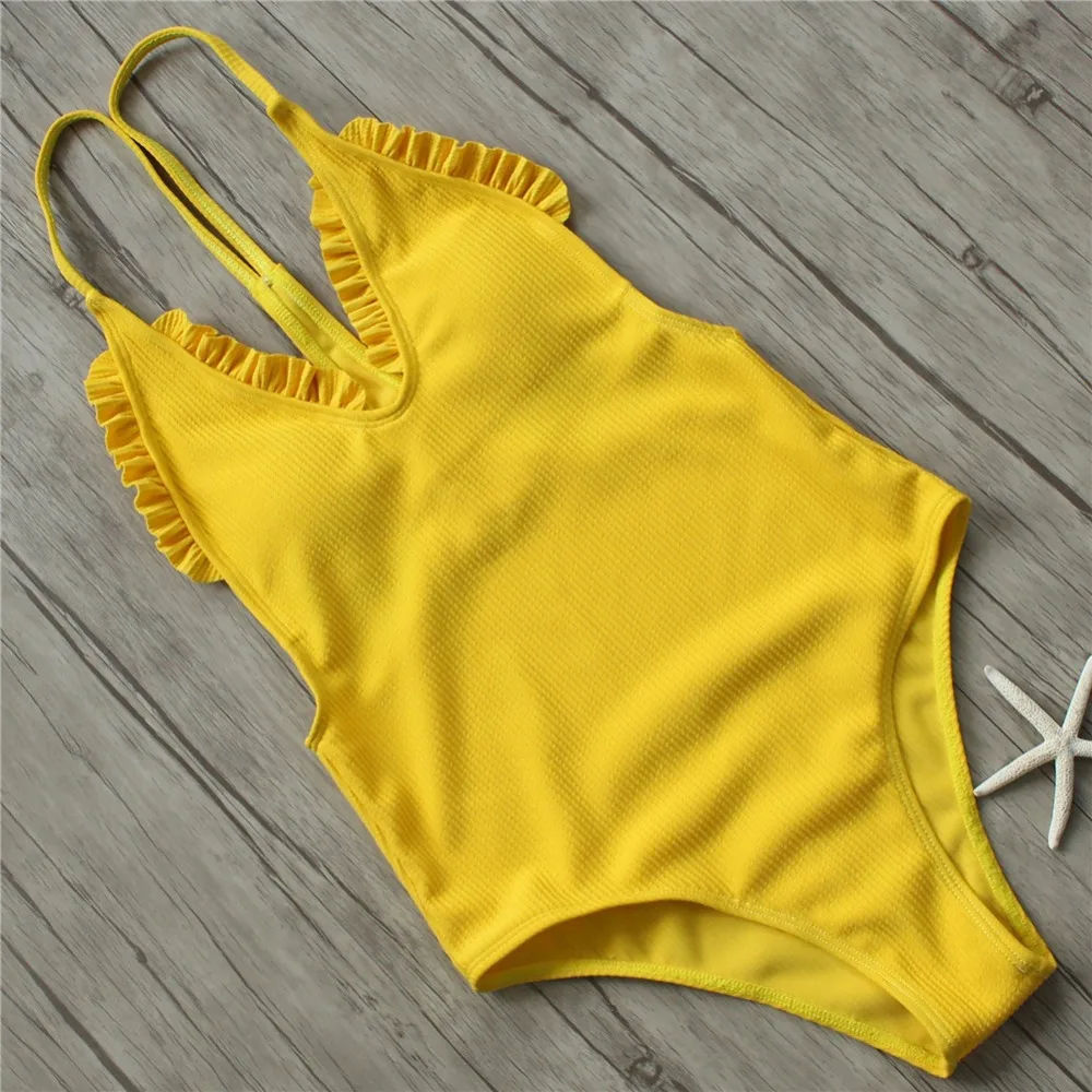 Sexy V Neck Ripple Ribbed Ruffled Trikini Backless Swim Bathing Suit ...