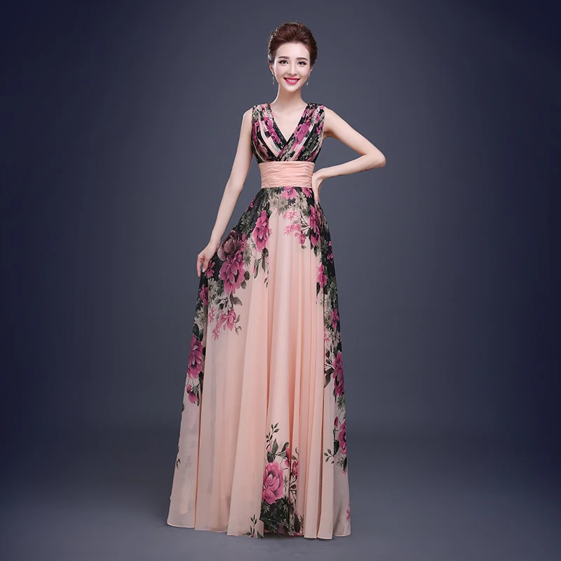 Long Evening Dress 2015 New Designs In Stock V Neck Flower Pattern ...