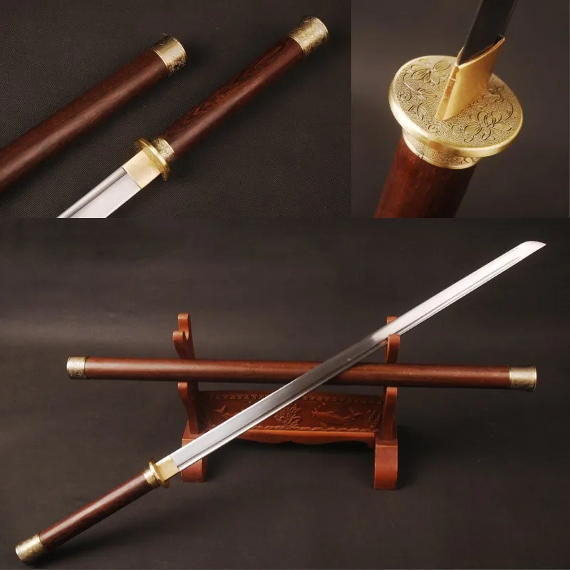 Rosewood Round Handle Chinese Sword Straight Blade Folded Steel Knife ...