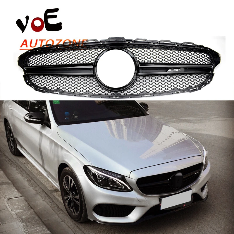 W205 All GLoss Black AMG Style+AMG Logo Front Grill Grille for Mercedes ...