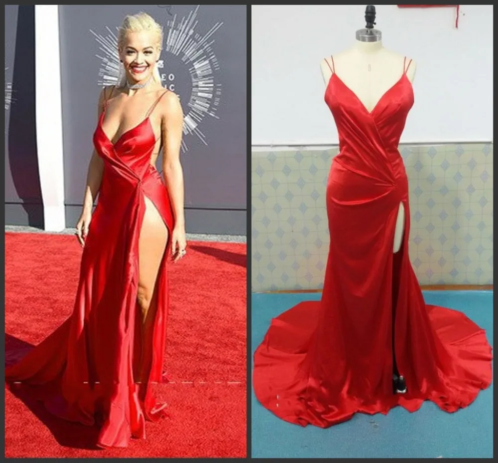 Real Sample Rita Ora Spaghetti Traps Sweetheart High Slit Red A Line Open Back Sexy Celebrity