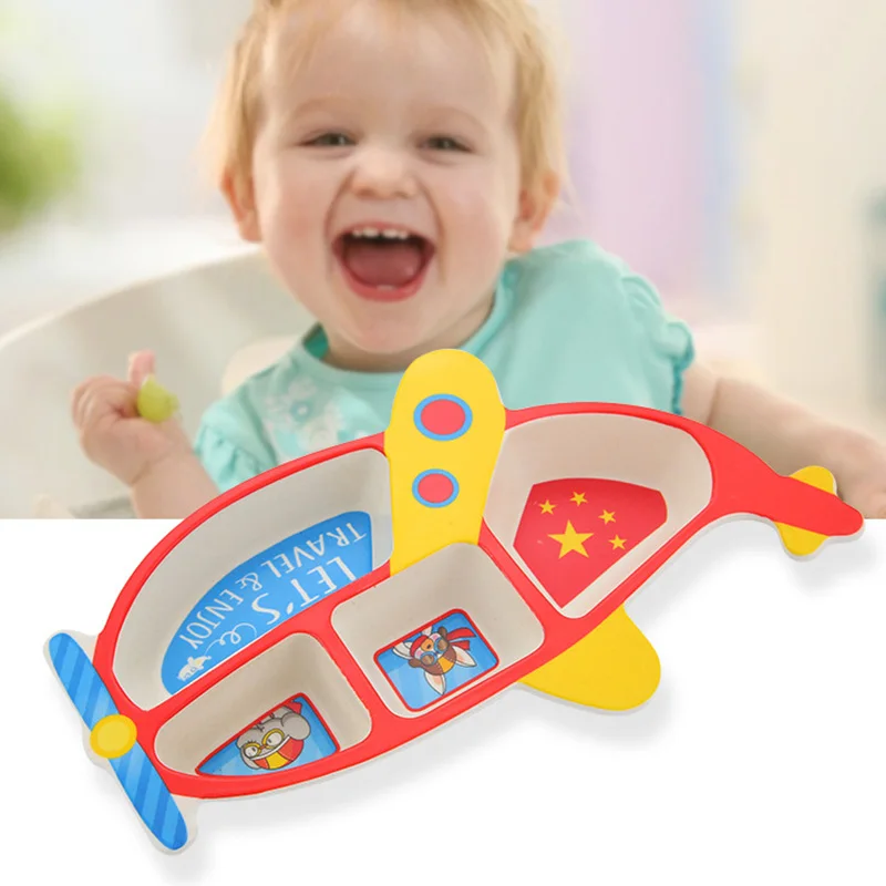 3pcs/Set Bamboo Fiber Children's Plate Aircraft Shape Grid Bowl Eating ...