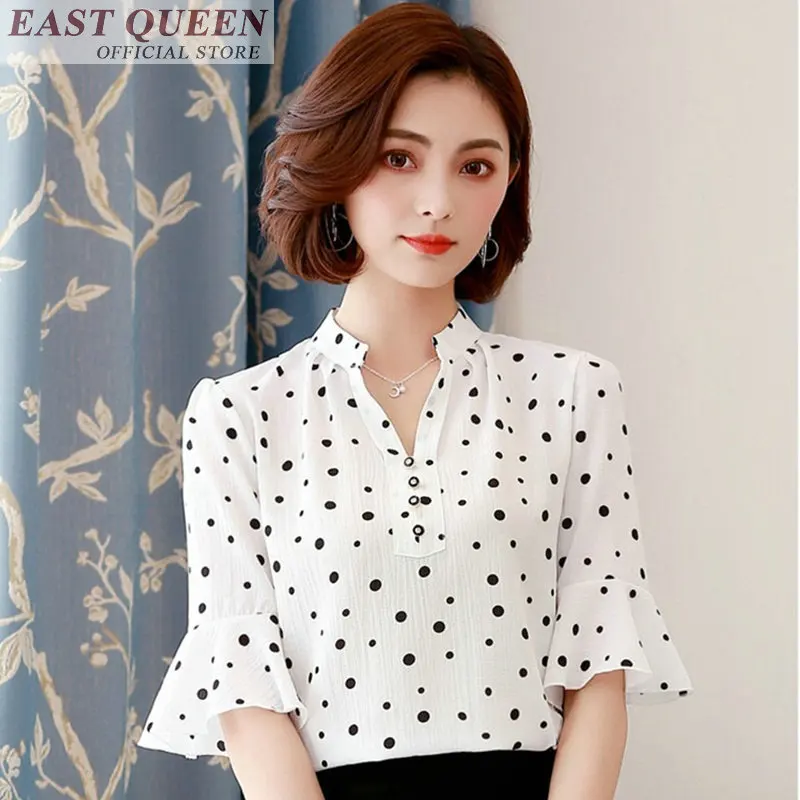 Women Chiffon Blouse V Neck Half Butterfly Sleeve Chiffon Polka Dots