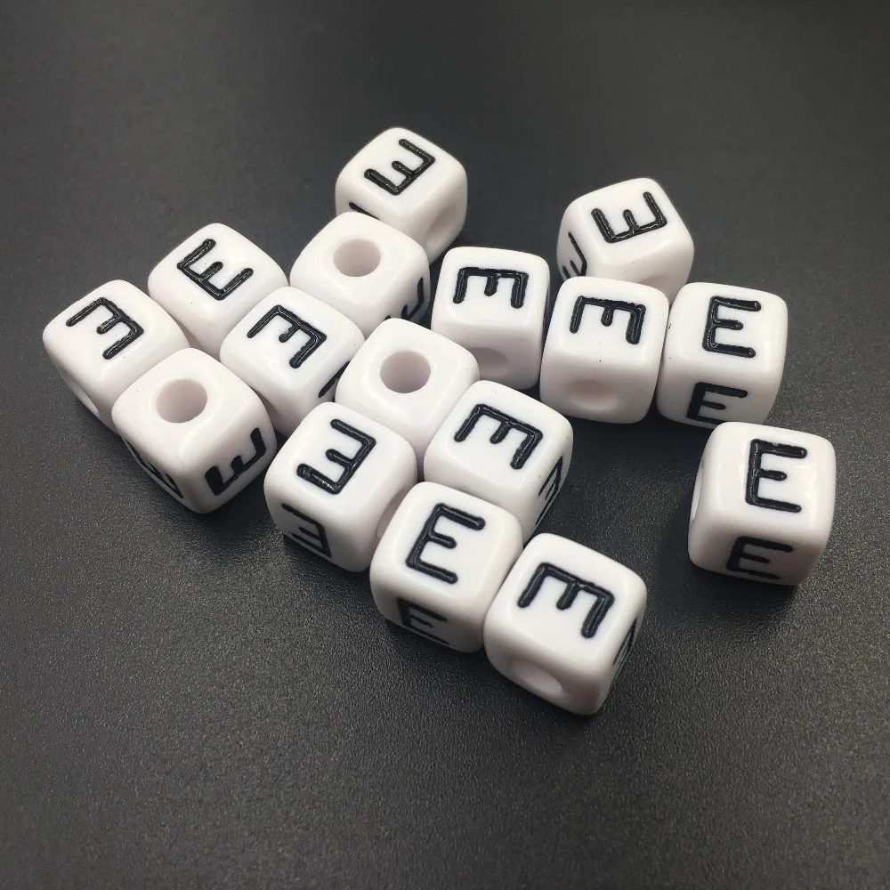 Single Letter E Beads White with Black Initial Printed Cube Acrylic ...