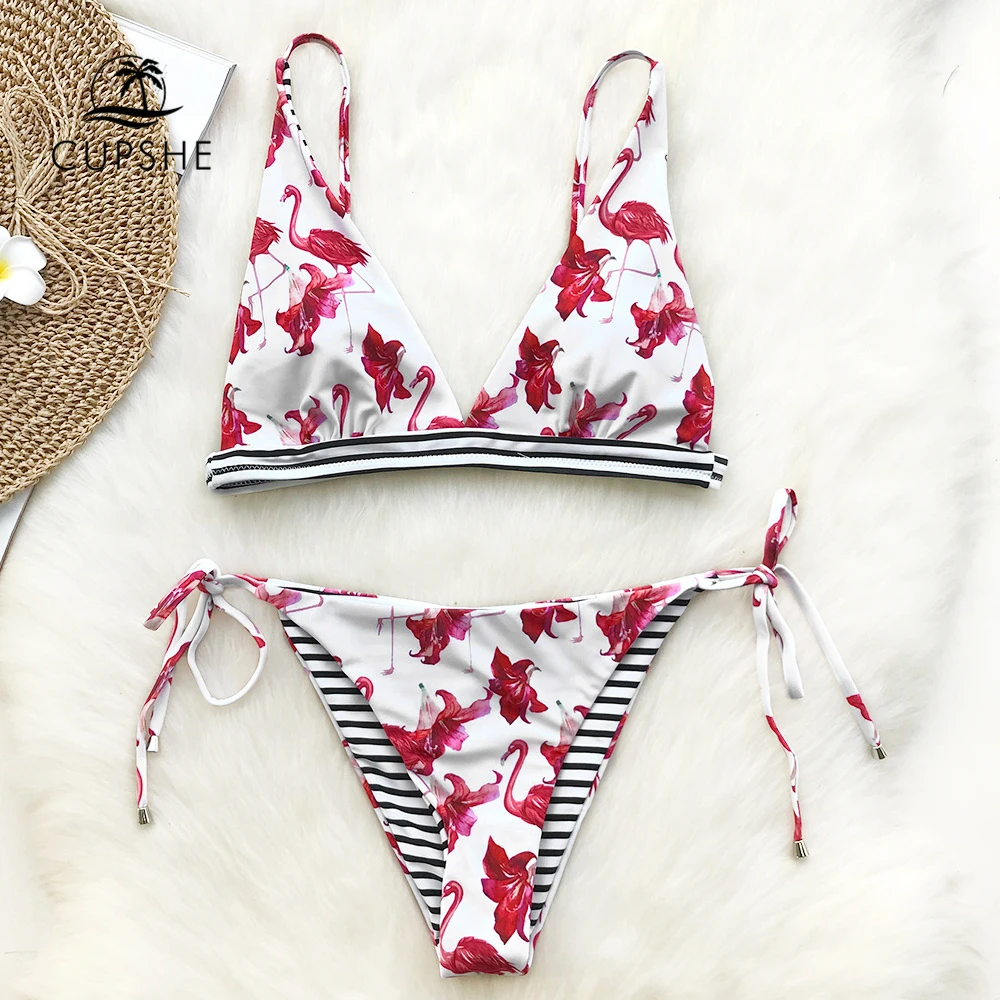 Cupshe Reversible Flamingo Flower Print Bikini Set Women Bottom Sides
