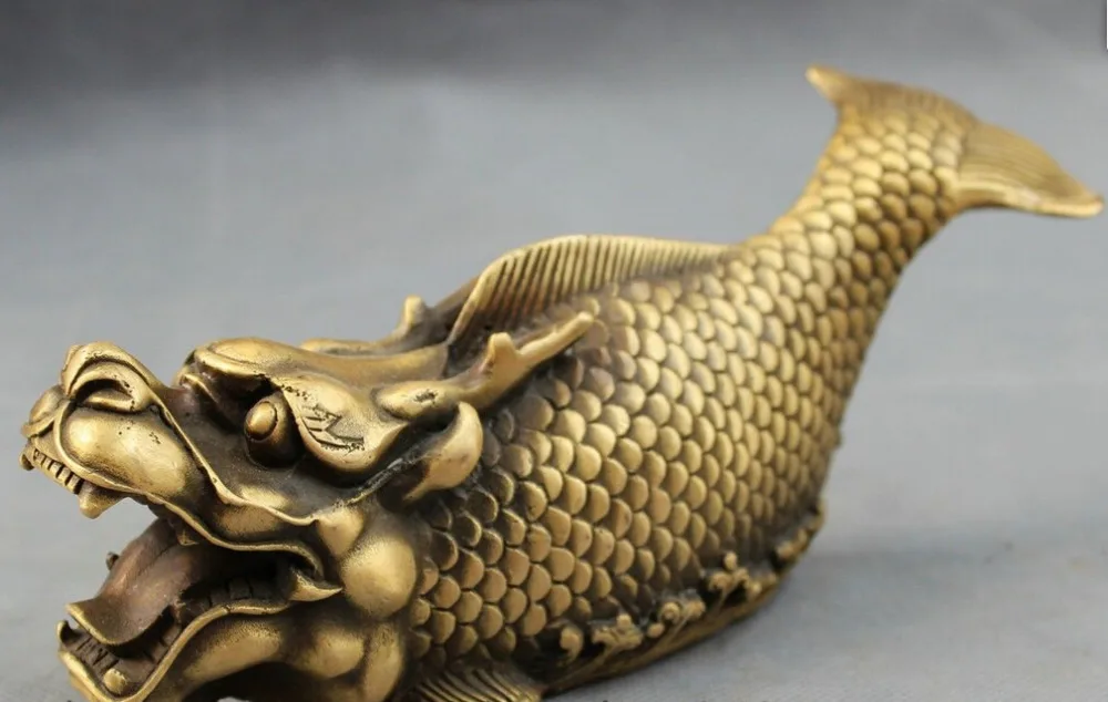 8" Chinese Bronze Buddhism FengShui Wealth Dragon Fish Head Statue ...