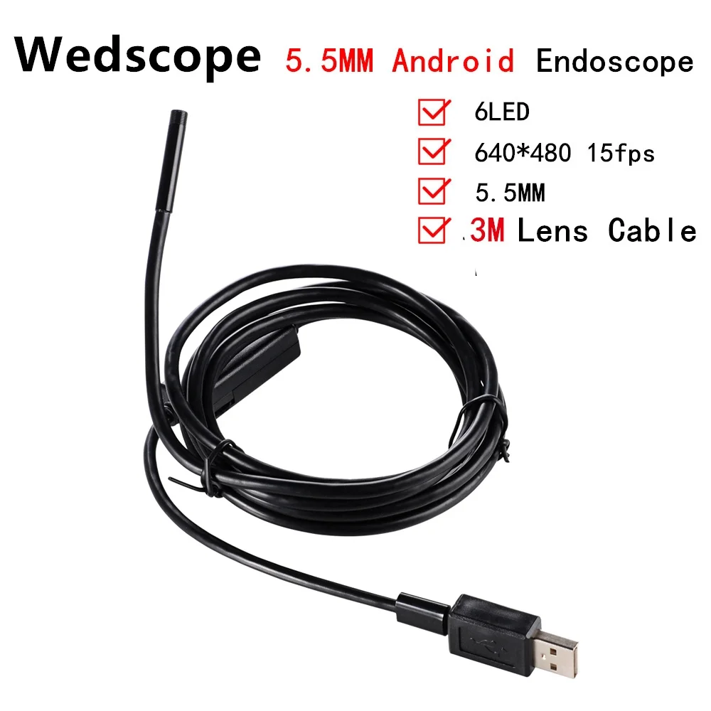 5.5MM Android Endoscope 3m 6 LED Waterproof Mini Camera Micro Tube ...