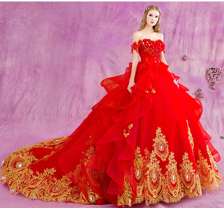 Red Gold Appliques Ball Gown Wedding Dresses Off The Shoulder Lace Up