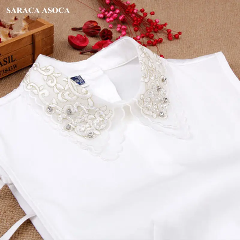 Fashion Floral Double Layer Collars Women Shirts Lace Embroidery Solid
