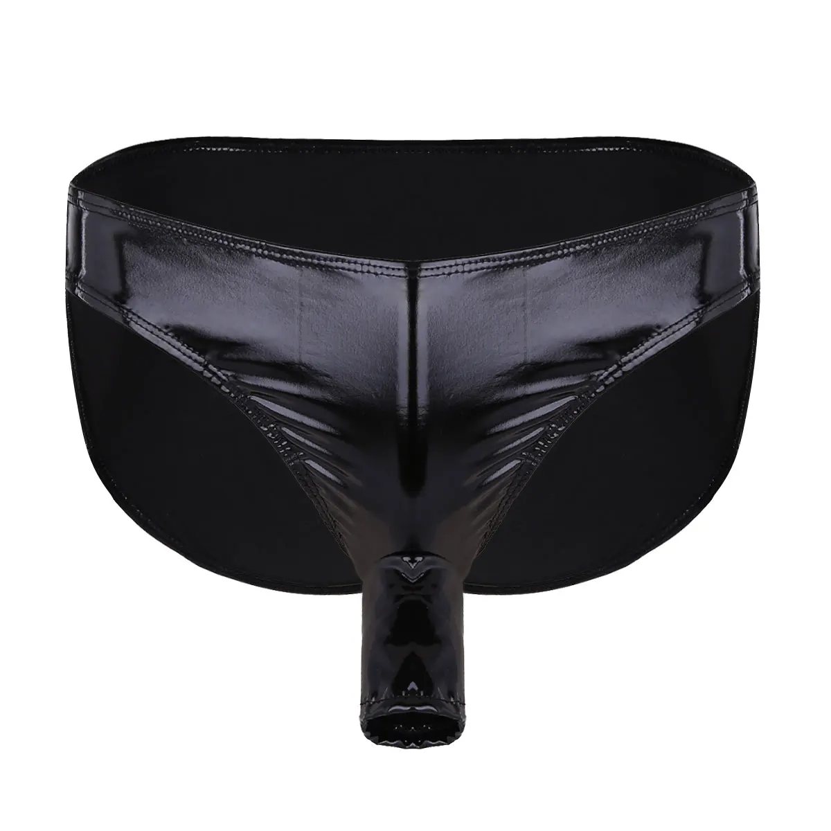 Men Wet Look Patent Leather Briefs With Open Penis Sheath Pouch Bikini Underwear Sexy Black