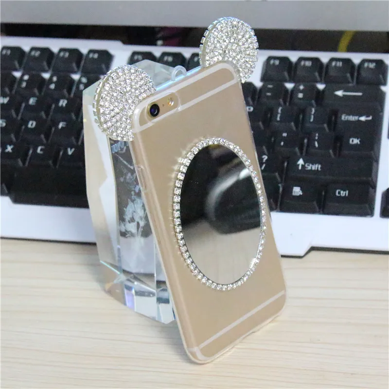 Makeup Mirror Mickey Mouse Rhinestone Ears Soft TPU phone Case Cover ...