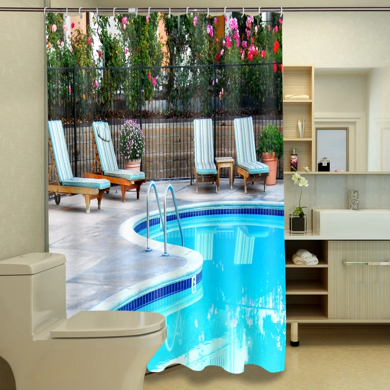 Senisaihon 3d Shower Curtains Fancy Pool View Pattern Waterproof Fabric
